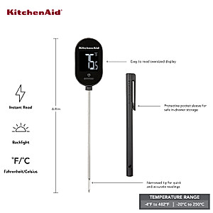 KitchenAid KQ910 Backlit Instant Read Digital Food Kitchen Grill Thermometer, Black