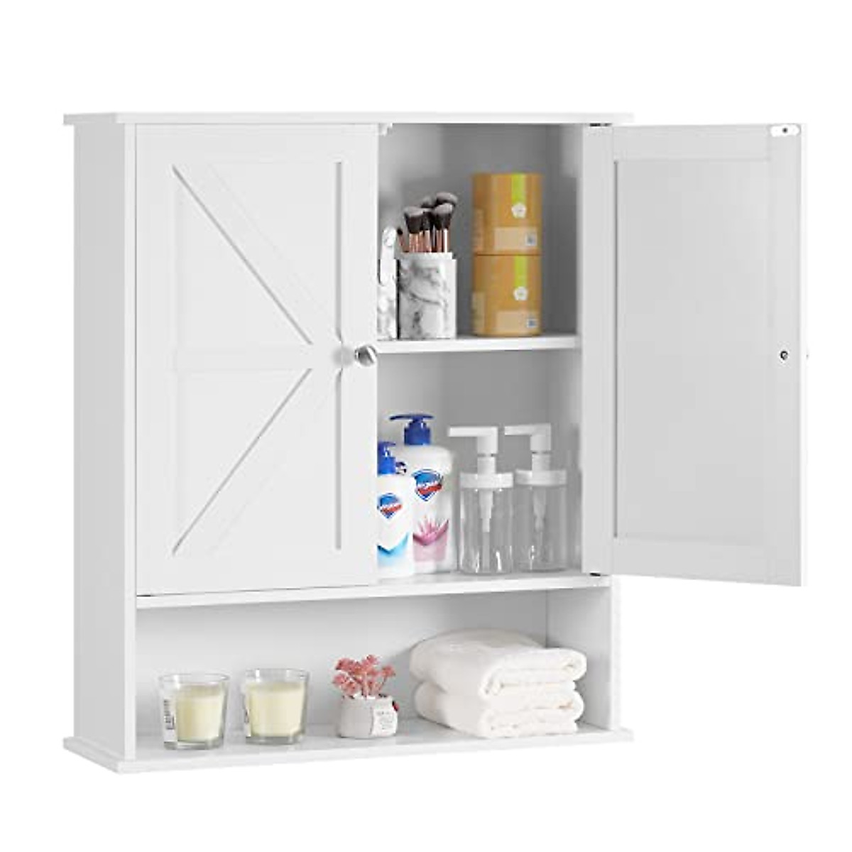 Reettic Two Door Wall Cabinet, Wooden Medicine Cabinet, Wall Mounted Bathroom Storage Cabinet with Inner Adjustable Shelf, for Bathroom, Kitchen, Entryway, White BMGZ103W