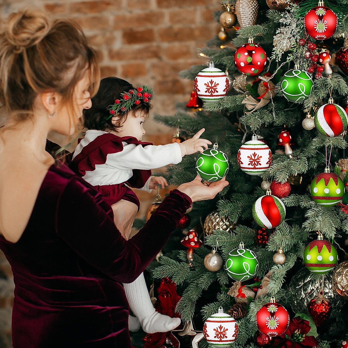 Leyndo 30 Pcs 2.4 Inch Glittering Red Green Christmas Ball Ornaments for Hanging on Xmas Tree - Candy Cane and Peppermint Decor (Classic)