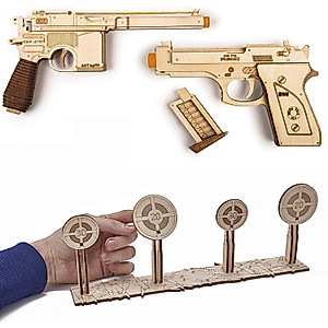 Wood Trick Wooden Toy Guns Set with Targets Shooting Range, Pistol Toy Guns for Kids Set - 3D Wooden Puzzle for Adults and Teens
