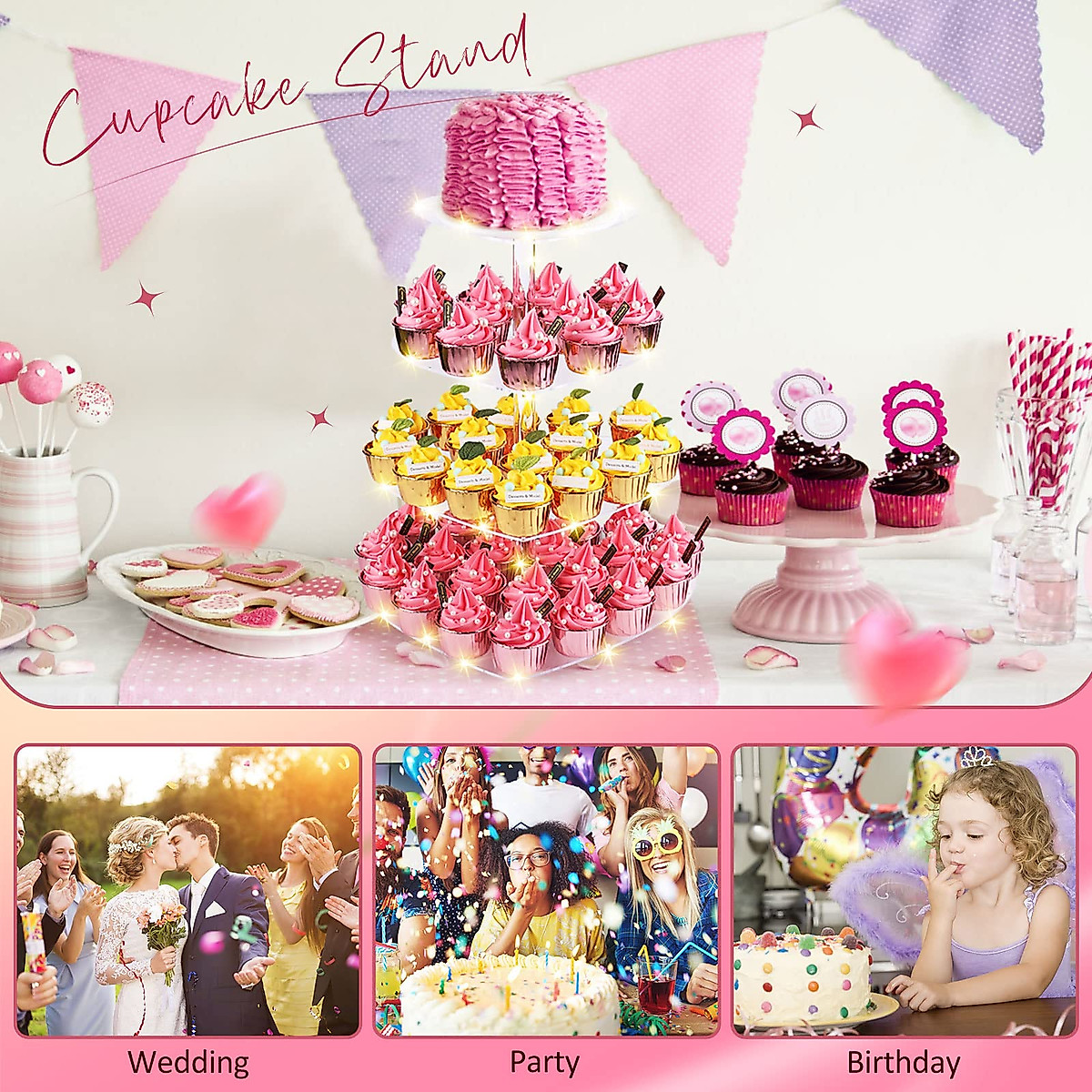 4 Tier Heart Cupcake Stand, 2023 New Acrylic Cupcake Holder with LED Light, Premium Cupcake Tower Dessert Tree Tower for Wedding Anniversary Birthday Party Decorations