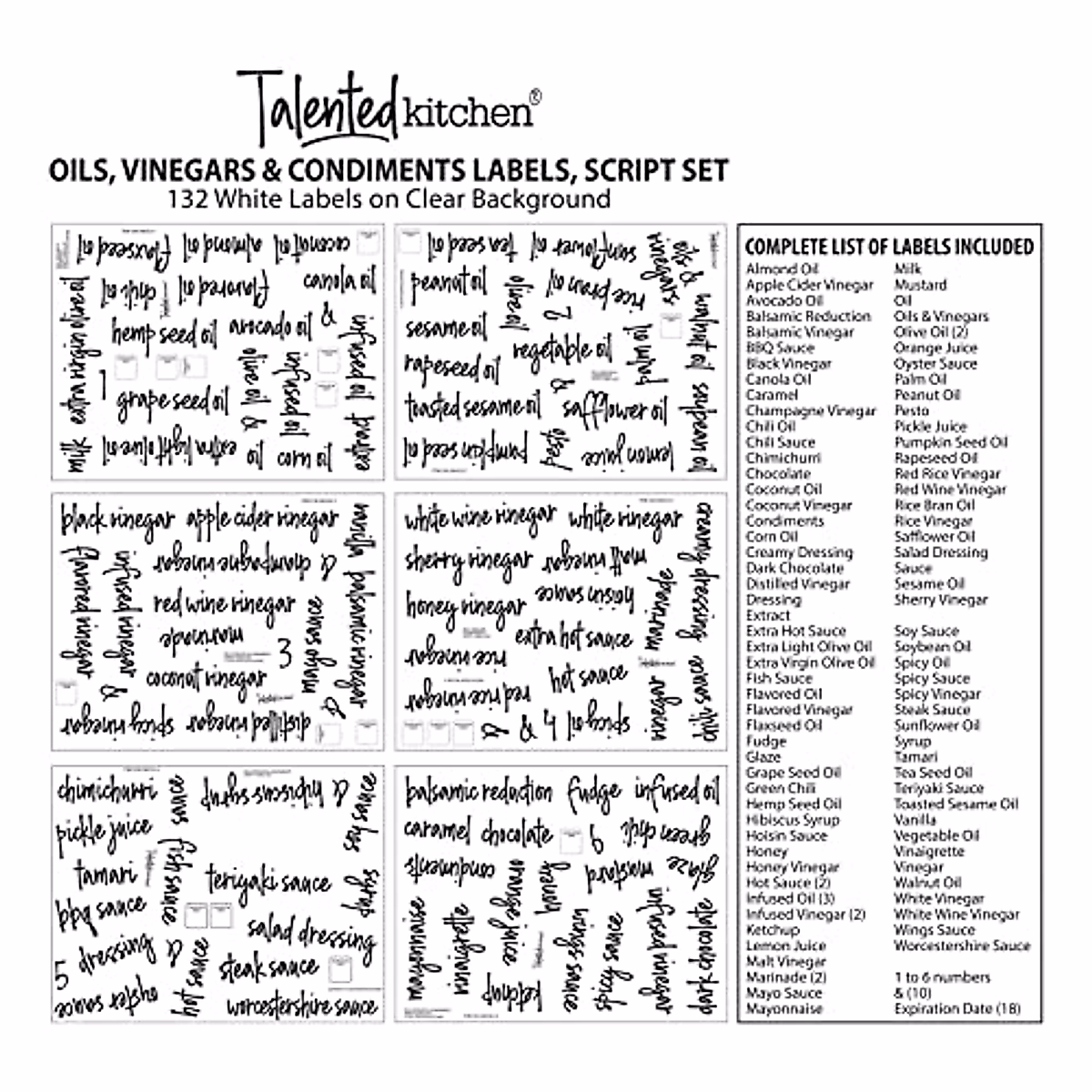 Talented Kitchen 132 White Script Oil and Vinegar Labels for Bottles, Clear Preprinted Condiments Stickers for Squeeze Dispensers, Kitchen Pantry Organization