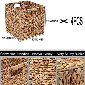 JCLD&YO9 Foldable Handwoven Water Hyacinth Storage Baskets Wicker Cube Baskets Rectangular Laundry Organizer Totes,Set of 4 Pcs,12x12x12inch
