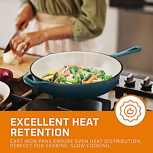 Bruntmor Cast Iron Pan 25cm - Cast Iron Skillet with Pour Spout, Round Frying Pan - Cast Iron Cookware, Crock Pot - Cooking Tools & Kitchen Essentials - Teal