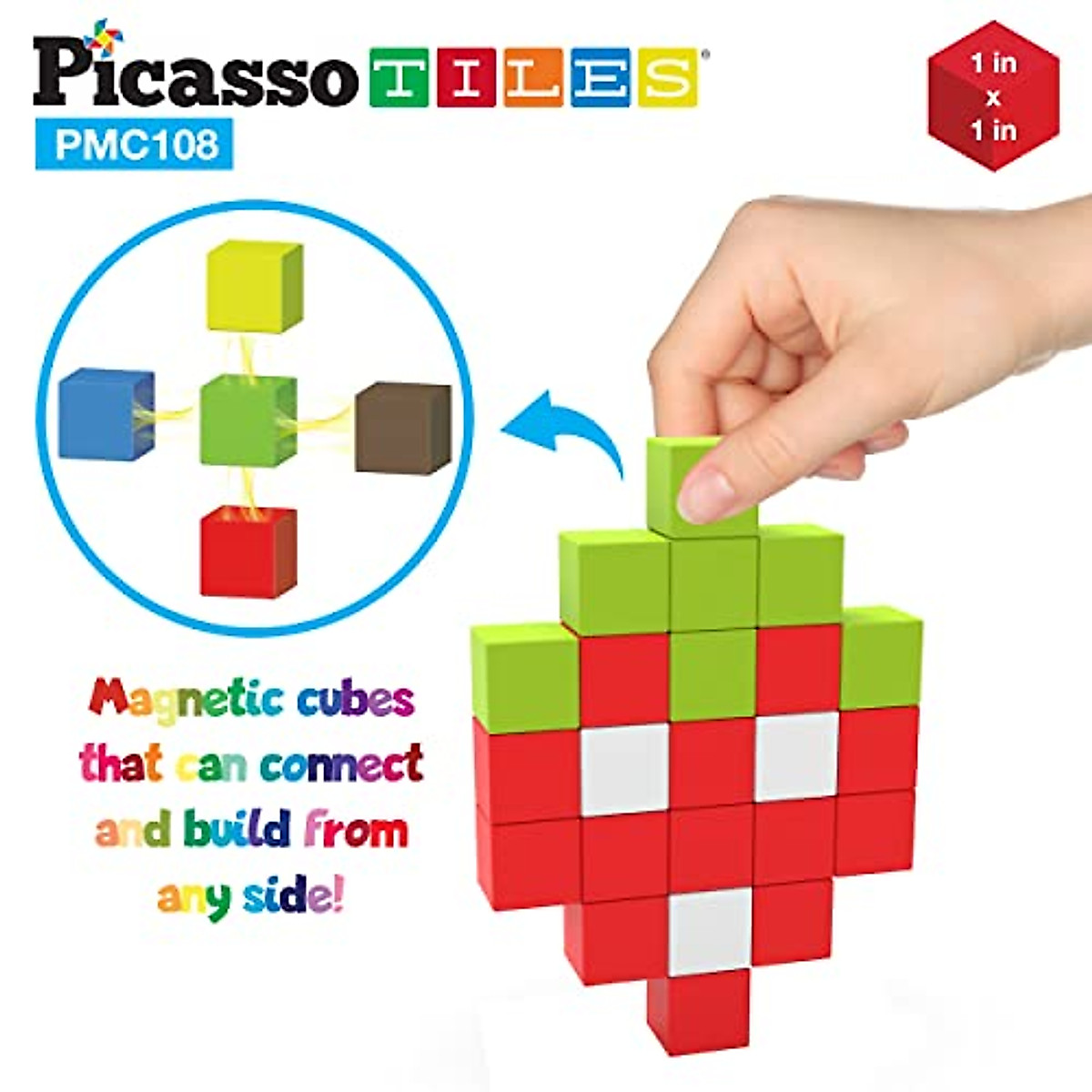 PicassoTiles Magnetic Toy_Building_Block Cubes Building Block, 3D Cube Construction Toy with Free Idea Book for Kid, Baby, Boy, Girl & Toddlers 108 Piece