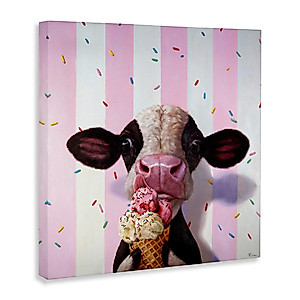 Stupell Industries Cute Baby Cow with Ice Cream Cone Pink Stripes, Designed by Lucia Heffernan Canvas Wall Art, 24x24, Brown