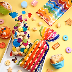 Rainbow Cellophane Treat Bags, Polka Dot Stripes Printed Pattern Goodie Candy Favor Bags with Twist Ties for Pride Day Kids School Lunches Baby Shower Birthday Party Supplies(105 Pieces)