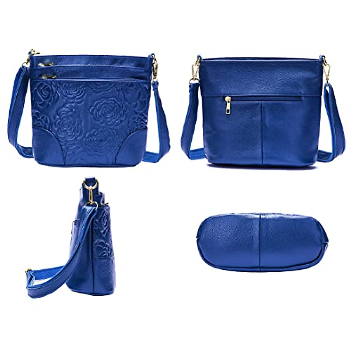 Women Genuine Leather Shoulder Bag Floral-Embossed Crossbody Bag Handbag for Women (Floral-Embossed Blue)