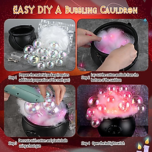 Liliful Light up Bubble Cauldron DIY Set, 7.68" Black Plastic Witches Cauldron with Handle 24 Pcs Clear Plastic Balls and String Light Halloween Cauldron Candy Bowl for Halloween Decorations (Red)
