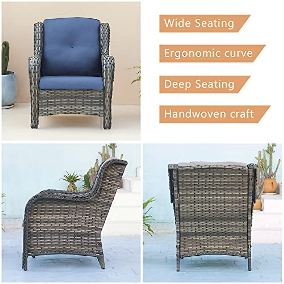 HUMMUH Outdoor Wicker Chairs PE Rattan Patio Dining Chairs Set of 2 High Back Curved Armrest Porch Chairs with 4 inch Seat Cushions (Grey Chairs with Blue Cushions, 35‘’D x 31''W x 35''H)