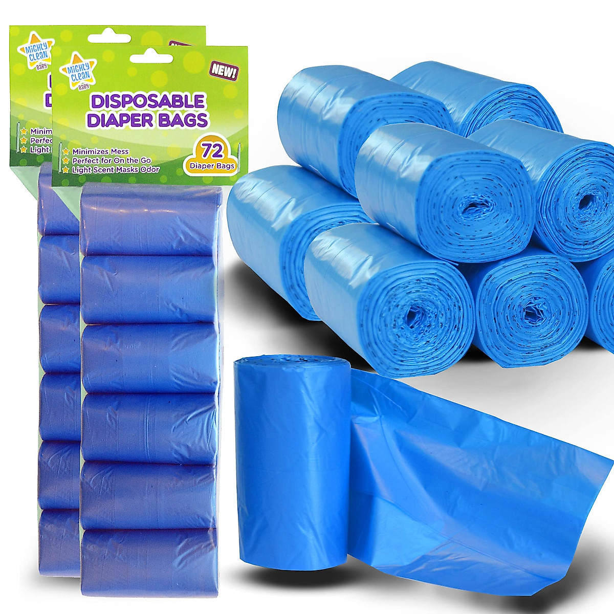 Mighty Clean Baby Disposable Diaper Bag Refill Rolls - Waste Sacks with Light Powder Scent - 144 Count