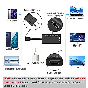 Micro USB to HDMI Cable Adapter, MHL 5pin Phone to HDMI 1080P 4K Video Graphic for Samsung Galaxy/LG/Huawei/Android Smart Phones That with MHL Function