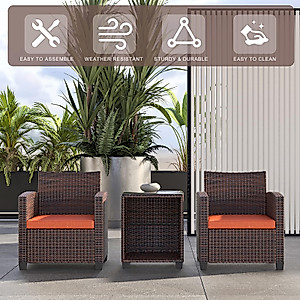 XZHQHB Patio Furniture Set of 3 Wicker Sofa Set with Soft Cushion Bistro Conversation Set Porch Outdoor PE Rattan Garden Chairs Sets with Tempered Glass Top Coffee Table, Brown and Orange