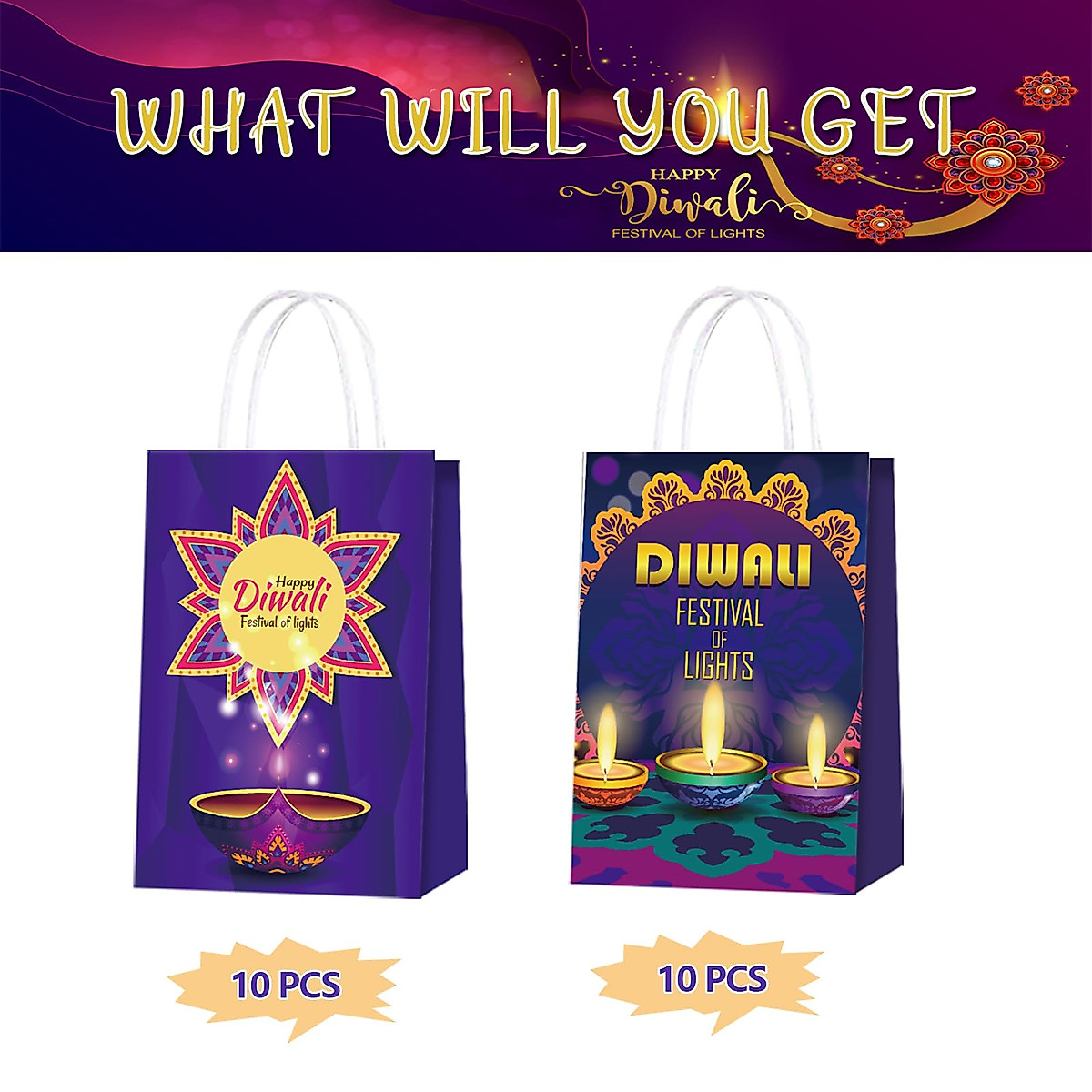 HABDJILTY 20 Pcs Happy Diwali Gift Bags,Festival of Lights Gifts Bags for Birthday Gift Packs Snacks Candy Bags Diwali Party Favor