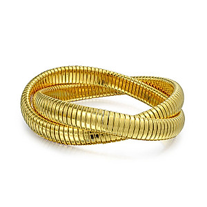 Bling Jewelry Omega Snake Cobra Wide Bangle Twisted Bracelet Bands Set Interlocking Flexible Stretch Bracelets for Women Yellow Gold Plated Stainless Steel Fits 8 to 8.5 inches Wrist