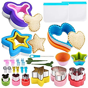 Makmeng Uncrustables Sandwich Cutter for Kids, 30Pcs Cookie Cutters and Sealer Set, Bread Pancake Sandwich Maker for Kids Bento Lunch Box - Vegetable Fruit Cutter Mold with Sandwich Bags & Forks
