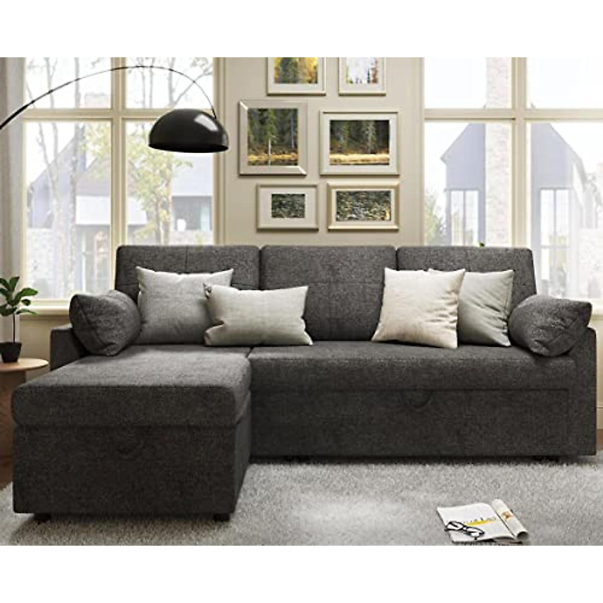 VanAcc Sofa Bed, Sleeper Sofa- 2 in 1 Pull Out Bed with Storage Chaise for Living Room, Sofa Sleeper with Pull Out Bed, Grey Chenille Couch