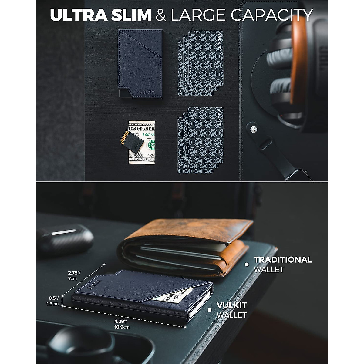 VULKIT Pop up Card Wallet RFID Blocking Slim Aluminum Metal Bank Card Holder Case with Business Money Pocket for Credit Cards Notes and Coins (Navy)