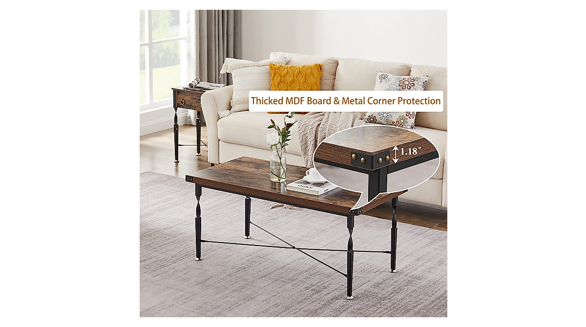 VECELO 3-Piece Rustic Brown Coffee & End Table Set | Easy Assembly