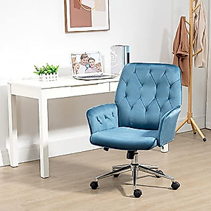 Vinsetto Modern Mid-Back Tufted Velvet Home Office Desk Chair with Adjustable Height, Swivel Adjustable Task Chair with Padded Armrests, Blue