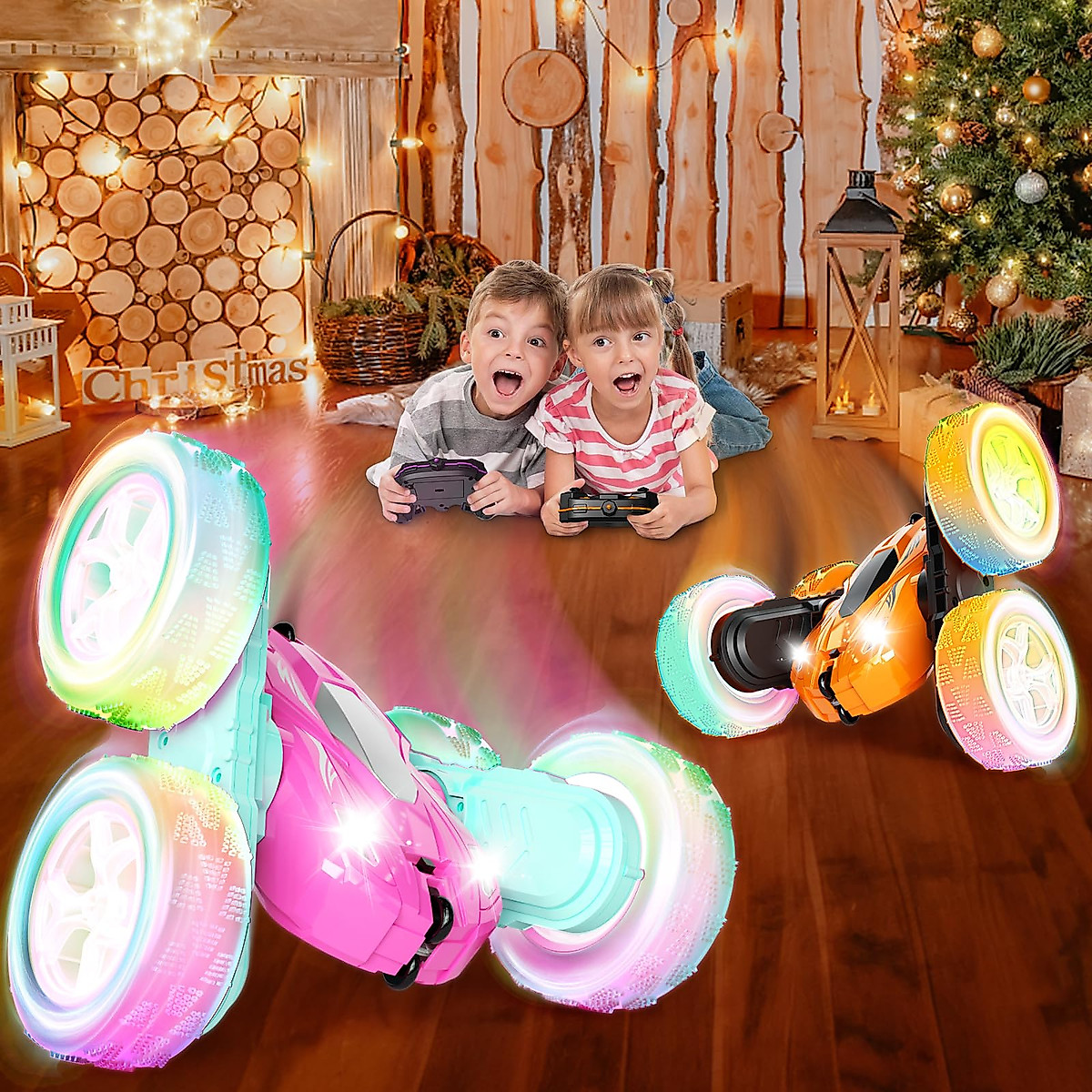 28℃ Remote Control Car for Boys, Drift High Speed RC Cars, 4WD 2.4Ghz Rechargeable RC Truck with Double Sided 360 Flips and Headlights Wheel Lights, Off-Road Stunt Toy Car for Kids Boy Girls Pink