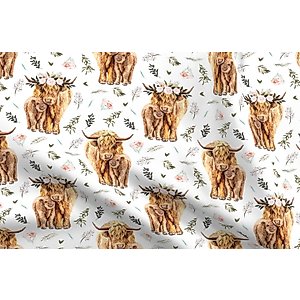 Spoonflower Fabric - Pink Spring Highland Cow Floral Calf Scottish Printed on Petal Signature Cotton Fabric Fat Quarter - Sewing Quilting Apparel Crafts Decor