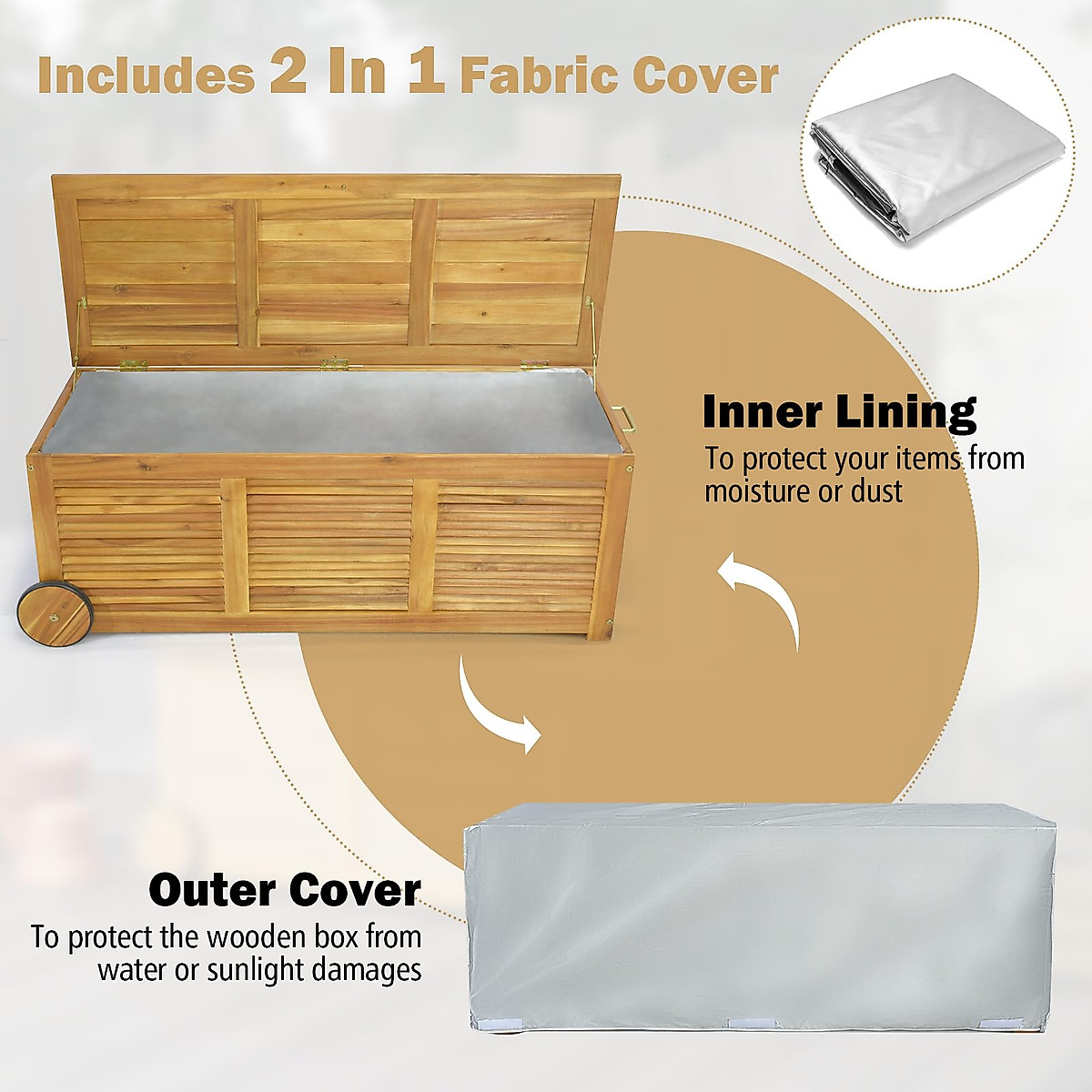 Tangkula 48 Gallon Outdoor Storage Box with Wheels, Portable Patio Acacia Wood Deck Box, with Side Handle, Waterproof Cover, for Patio, Balcony, Poolside, Garden (Natural)