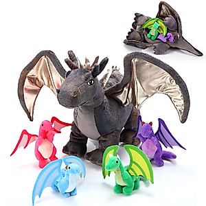 HyDren 5 Pcs Dragon Plush Stuffed Animal 16 Inch Giant Mommy Dragon Plush with 4 Pcs Babies Dragons in Zippered Belly for Kids Birthday Children's Day Gifts Dragon Plush Toy Classroom Prizes