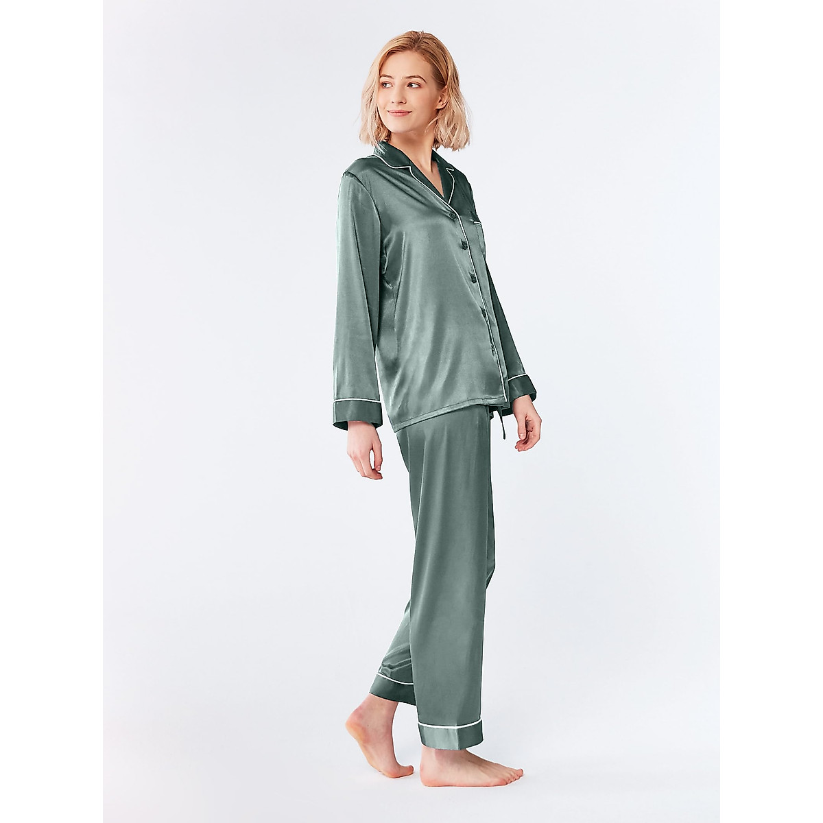 SIORO Womens Pajama Sets Silk PJ Satin Pijamas Two Piece Pants Set Sleepwear Loungewear PJS Plus Size, Greyish Green, X-Large