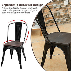 S AFSTAR 18 Inch Dining Chair Set of 4, Stackable Metal Chairs w/Wood Top Seat, Bistro Cafe Side Chair w/High Backrest for Kitchen Patio Restaurant Indoor (Black)