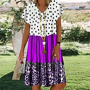Cnebo Midi Dresses for Women Wedding Guest Summer Polka Dot Printed Panel Contrast Women's V Neck Short Sleeved Dress
