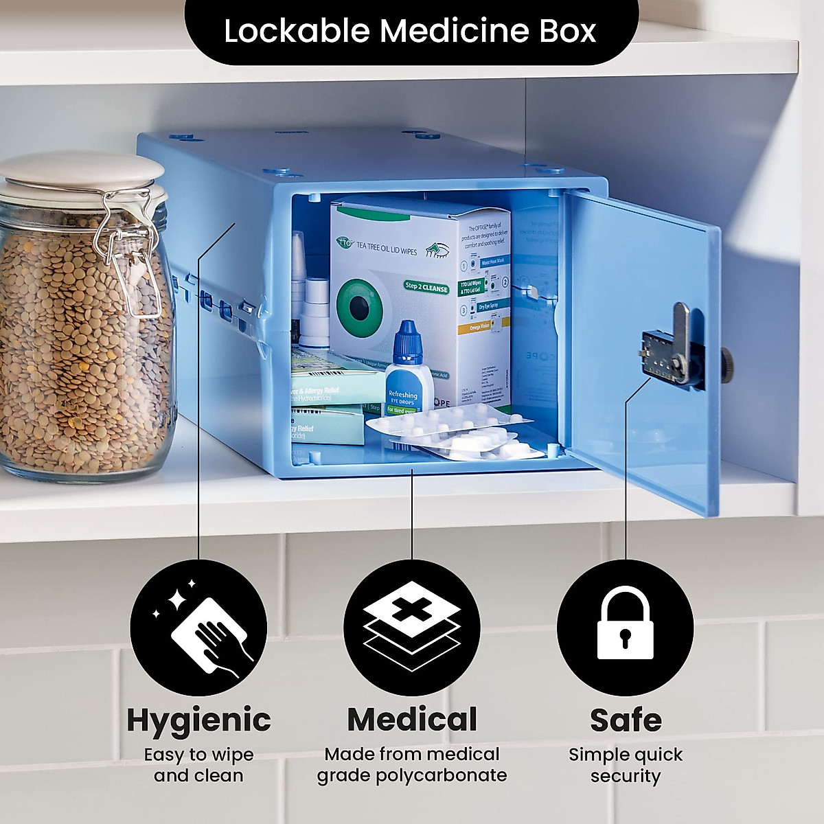 Lockabox One™ | Premium Medicine Lock Box | 10 Litre Medication Lock Box With Code For Medicines, Vitamins & Supplements | External Size 12 x 8 x 6.6 inches (Medi Blue)