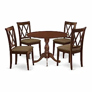 East West Furniture DMCL5-MAH-C 5 Piece Kitchen Table Set for 4 Includes a Round Dining Table with Dropleaf and 4 Linen Fabric Dining Room Chairs, 42x42 Inch, Mahogany