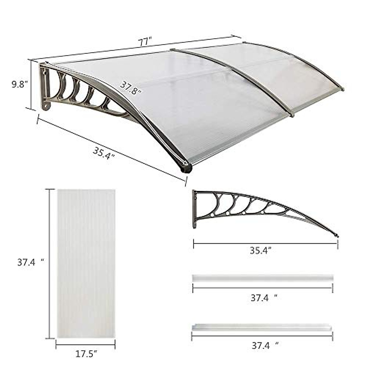 FCH Window Awning Door Canopy, 40" x 80" Window Awning Overhead Door Modern Polycarbonate Cover Outdoor Front Door Patio Canopy UV Rain Snow Sunlight Protection Hollow Sheet/Silver & Gray