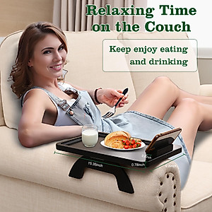 BAMBOOTRAY Couch Arm Table,Sofa Clip on Tray for Armrest Tray with Phone Holder,Couch Table for Living Room Bedroom (Large Black, 15.3" D x 9.8" W x 1.7" H)