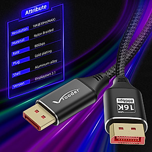 VROODER DisplayPort Cable 2.1, 6.6FT 16K DP 2.0 Cable, UHD DisplayPort Cable for 80Gbps, [16K@60Hz, 8K@120Hz, 4K@240Hz 165Hz 144Hz] HDR, HDCP DSC 1.2a, Displayport Cable,DP Cable for 16K