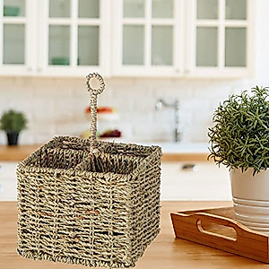 4 Compartment Basket Caddy, Bottle and Condiment Holder, Woven Wicker Over Metal Frame, Seagrass, 10.5 Inches