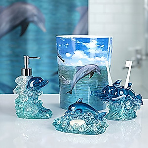 Allure Home Creation Jump for Joy Dolphin 4-Piece Bathroom Accessory Set-Resin Lotion Dispenser, Toothbrush Holder, Soap Dish and Plastic Wastebasket