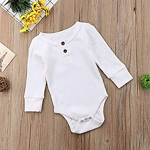 Seyurigaoka Newborn Unisex Baby Solid Bodysuit Basic Plain Rib Stitch Long Sleeve Romper Clothes for Infant Boy Girl (White, 6-12 Months)