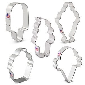 Ice Cream and Sweets Birthday Cookie Cutter 5-Pc Set Made in USA by Ann Clark, Ice Cream Cone, Soft Serve Cone, Popsicle, Ice Cream Sundae