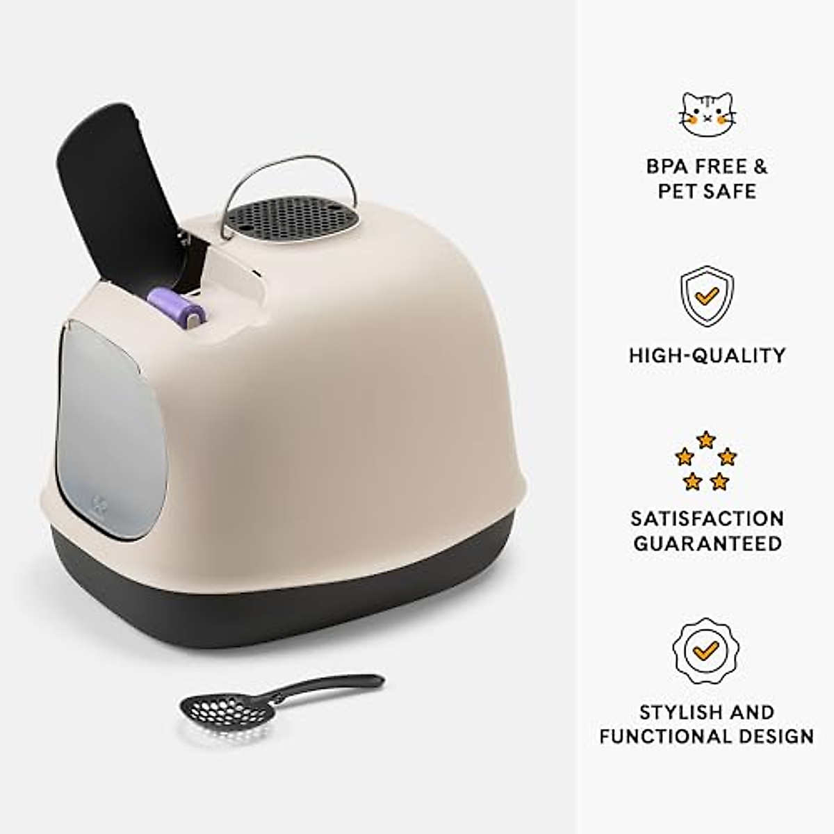 United Pets Minu Hooded Cat Litter Box | Includes Scoop and Filter | Top Entry Litter Box with Paw Pad and Refillable Plastic Bags | Crafted in Italy | 40 x 40 x h50 CM - Taupe/Grey