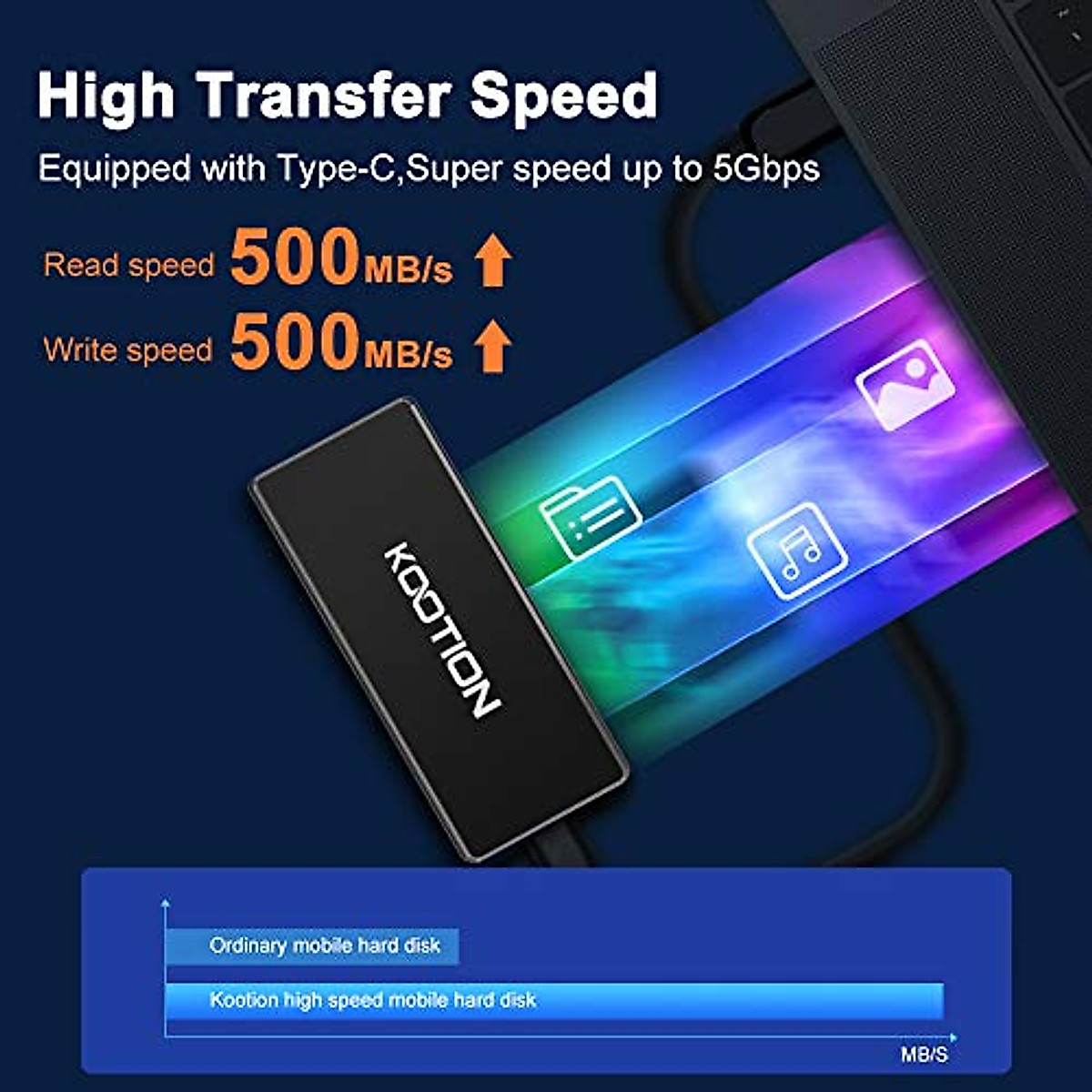 KOOTION 500GB External Portable SSD USB-C Solid State Flash Drive for Laptop/MacBook/Game Console, Mini Aluminum USB 3.1 External Hard Drive, Up to 540MB/s, Black, 500GB
