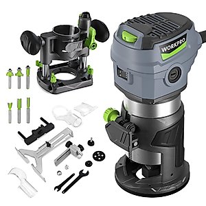 WORKPRO Compact Router Combo Kit, 6.5 Amp Compact Router Fixed Base & Plunge Router for Woodworking Slotting Trimming, 6 Variable Speeds to 32000 RPM