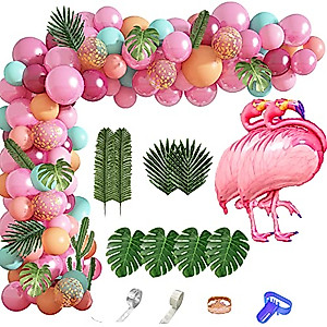 124Pcs Tropical Flamingo Balloon Arch Garland Kit 40" Flamingo Balloons Hot Pink Confetti Balloons Tropical Palm Leaves 4 Tools Hawaiian Luau Birthday Wedding Baby Shower Party Decorations Supplies