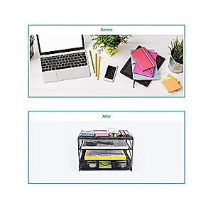 Veesun Paper Letter Tray Organizer, Mesh Desk File Organizer with 3 Tier Shelf Sorter with Drawer,Black