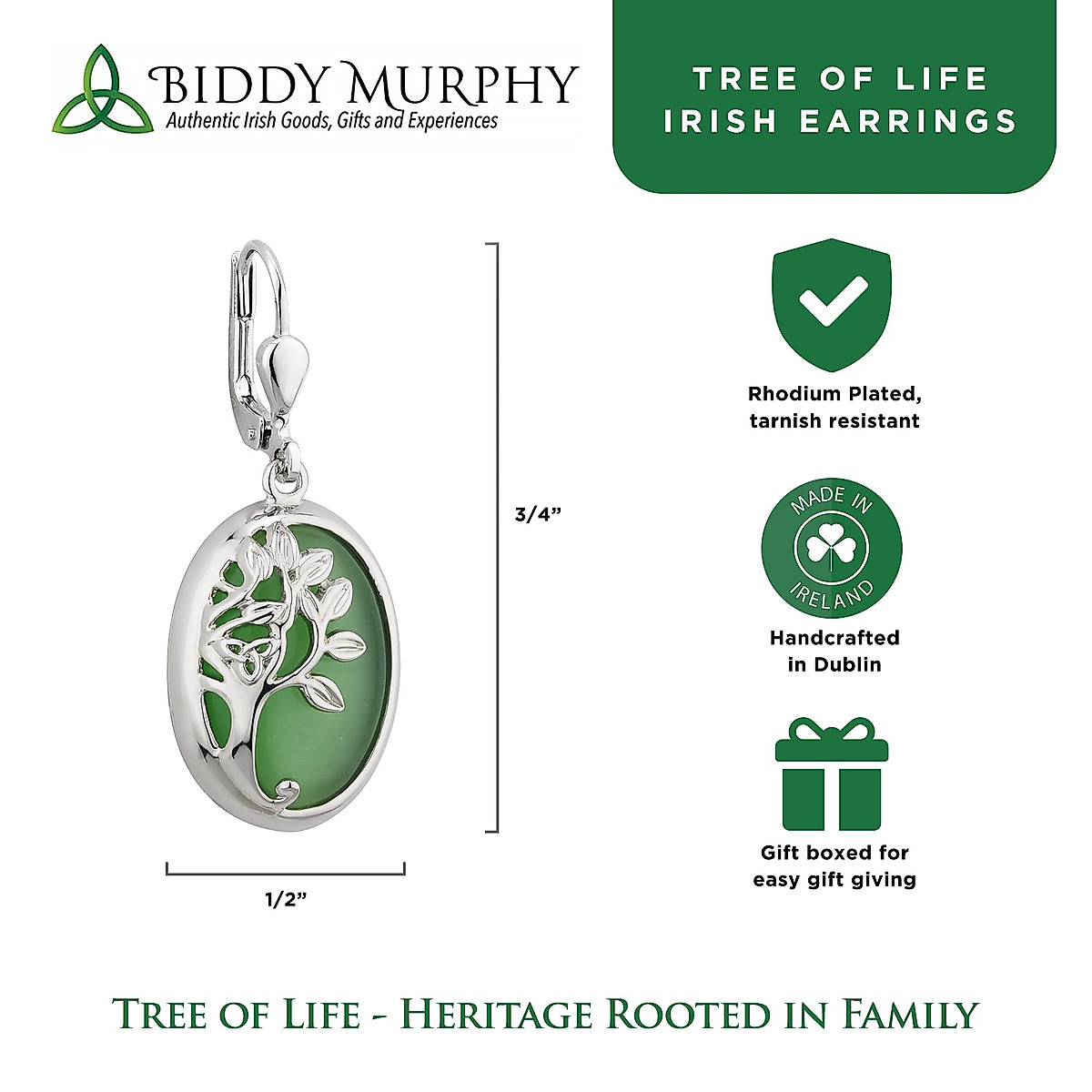 Biddy Murphy, Irish Family Tree of Life Earrings for Women, Rich Irish Green Gem Inlay, Silver Rhodium Plated, Celtic Jewelry, Balance, Harmony, Imported from Ireland