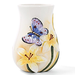 FORLONG Ceramic Bathroom Accessory Set Dancing Butterfly Ceramic 5 Pieces Set,Including Toothbrush Holders,2 Gargle Tooth-Brushing Cups,Soap Dishes,Soap & Lotion Dispenser