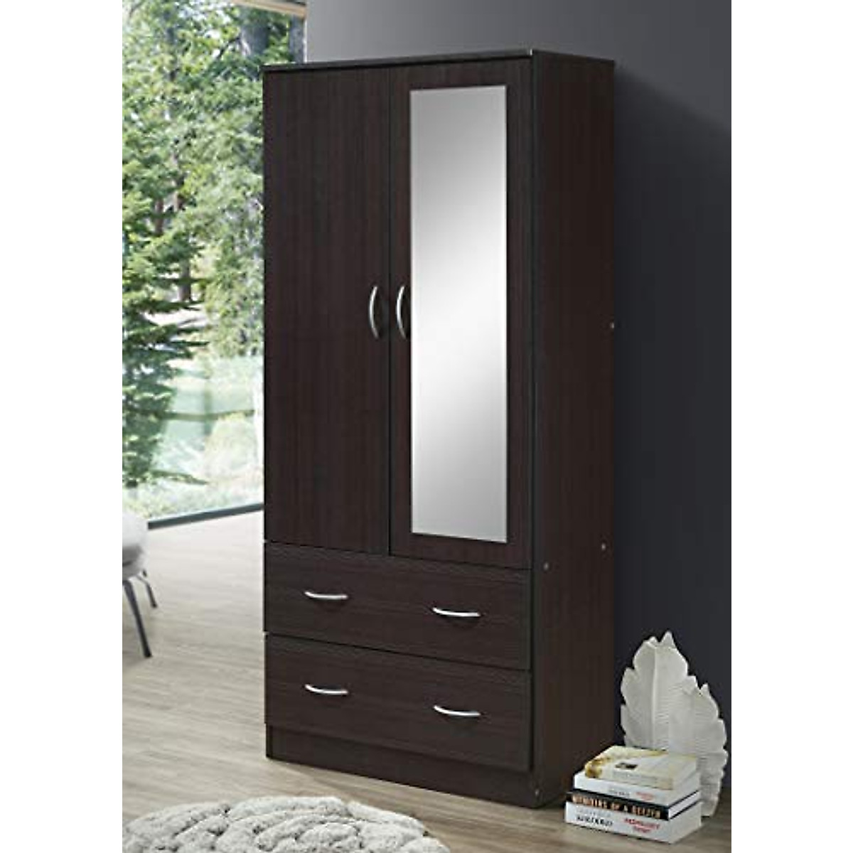 Hodedah Two Door Wardrobe with Two Drawers and Hanging Rod plus Mirror, Chocolate