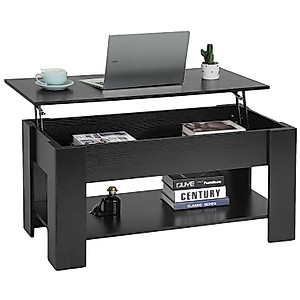 PayLessHere Coffee Table Lift Top Coffee Tables with Hidden Compartment and Storage Shelf Wooden Lift Tabletop Dining Table for Living Room Home (Black, 39" D x 28" W x 24" H)