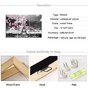 sechars 3 Piece Pink Flower Wall Art Cherry Blossom Tree with Black and White Paris Eiffel Tower Painting Canvas Prints Romantic Artwork for Home Wall Decor Ready to Hang Each Piece 12x24inch